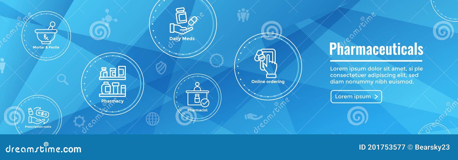 Pharmaceuticals and Medications Icon Set W Web Header Banner Stock ...