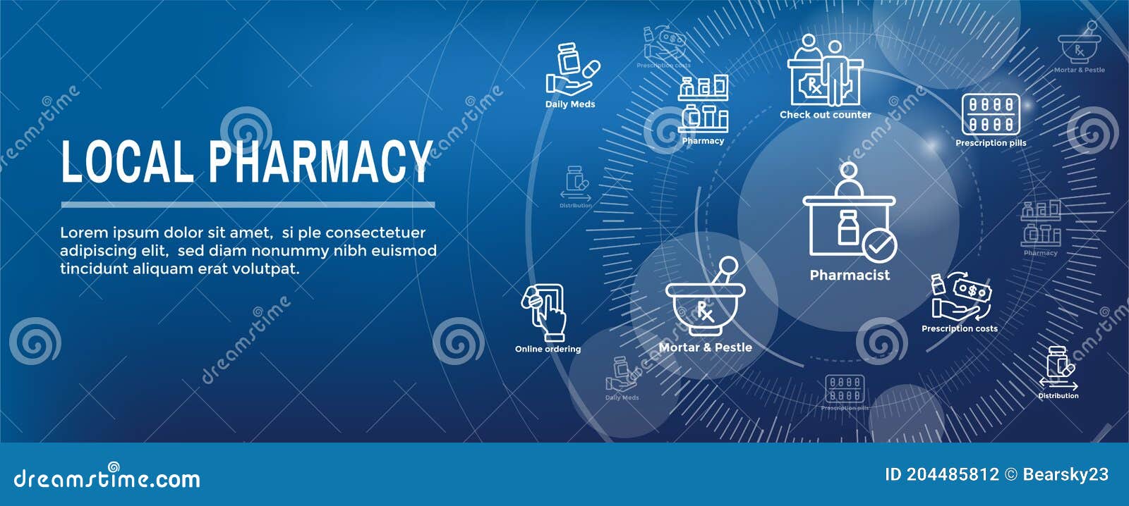 Pharmaceuticals and Medications Icon Set W Web Header Banner Stock ...