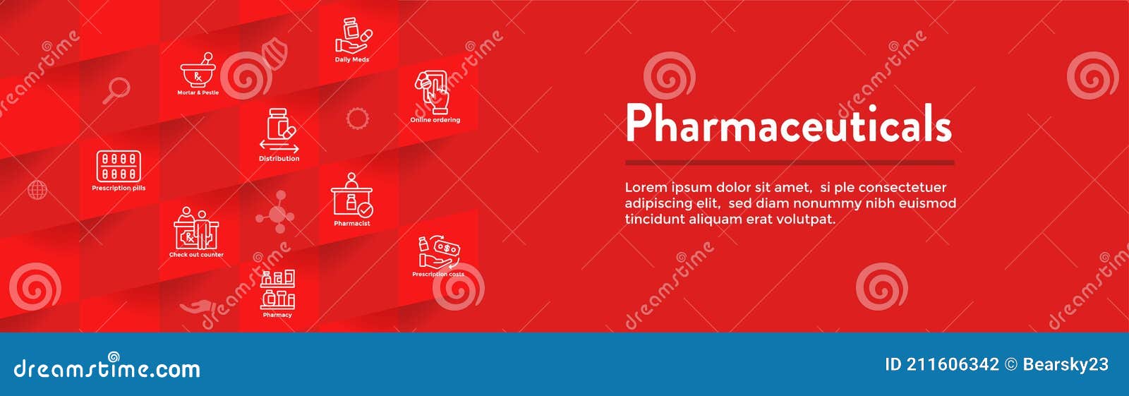 Pharmaceuticals and Medications Icon Set W Web Header Banner Stock ...