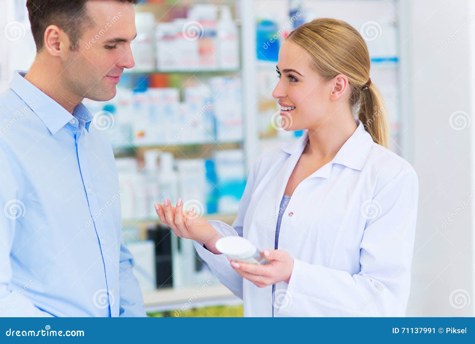 Pharmacist and Client at Pharmacy Stock Image - Image of coat ...