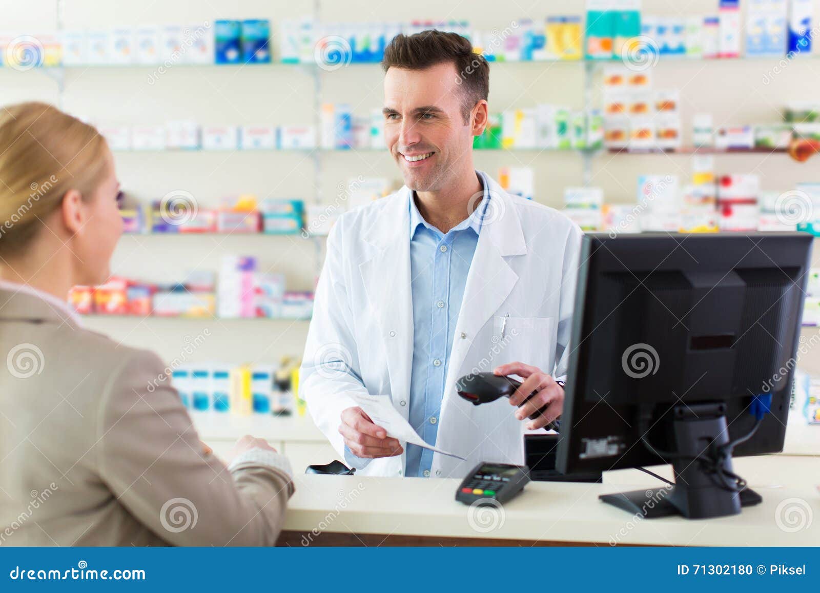 Pharmacist and Client at Pharmacy Stock Photo - Image of medicament ...