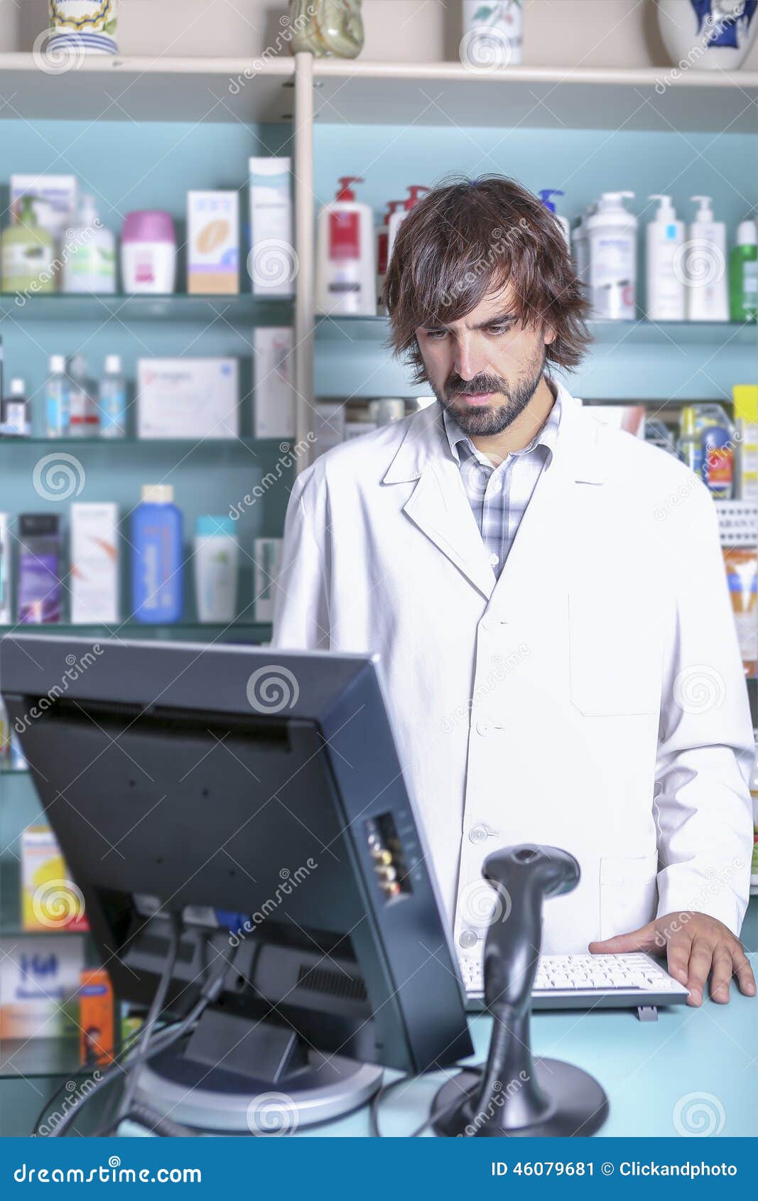 Pharmacist and computer stock image. Image of male, work - 46079681