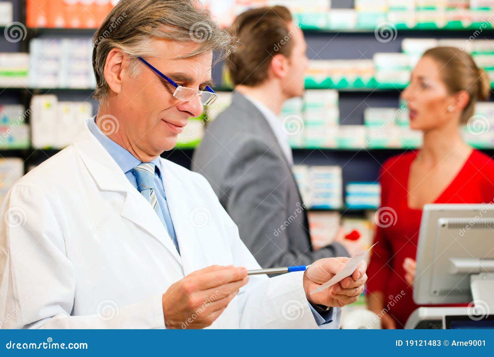 Pharmacist with Customers in Pharmacy Stock Image - Image of health ...