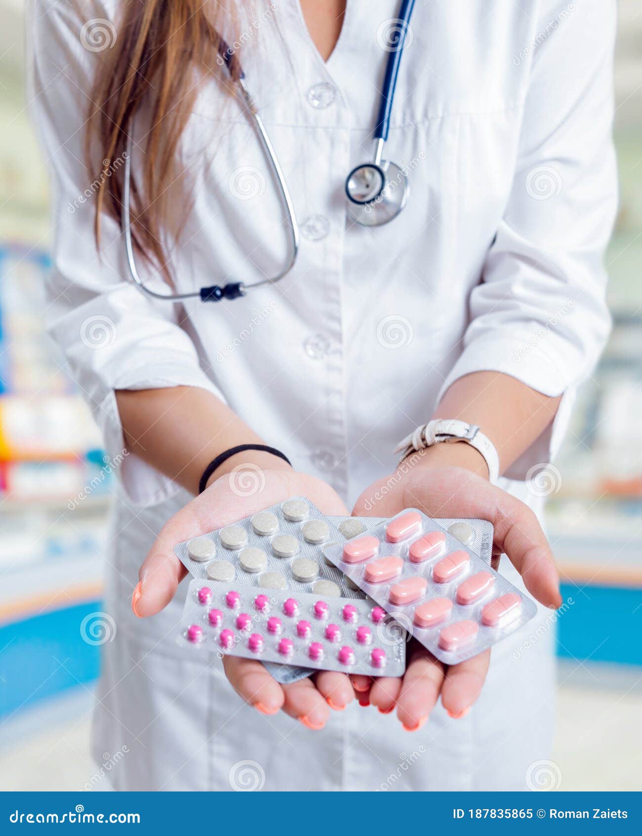 Pharmacist Showing Medication at the Pharmacy. Background. Stock Image ...