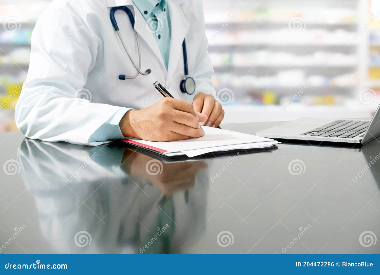 Pharmacist Writes on Documents at Pharmacy. Stock Photo - Image of ...