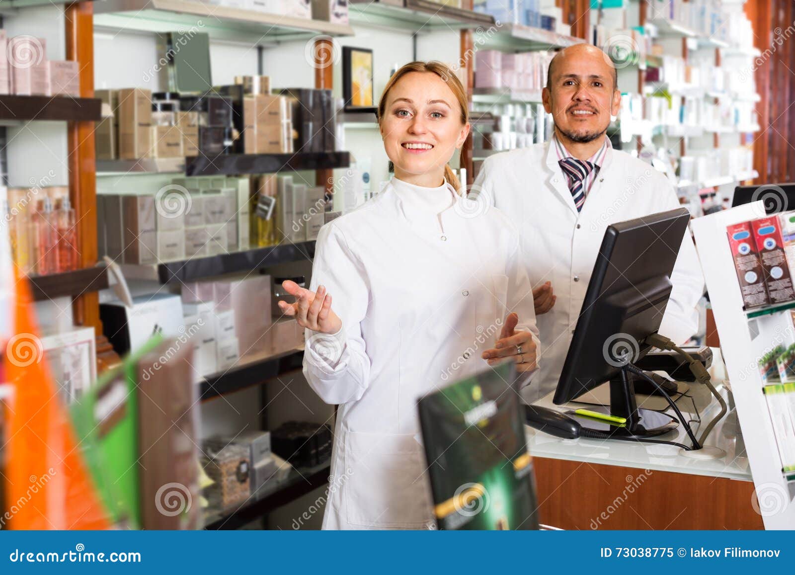 Pharmacists Standing with a Cash Desk Stock Image - Image of drugs ...