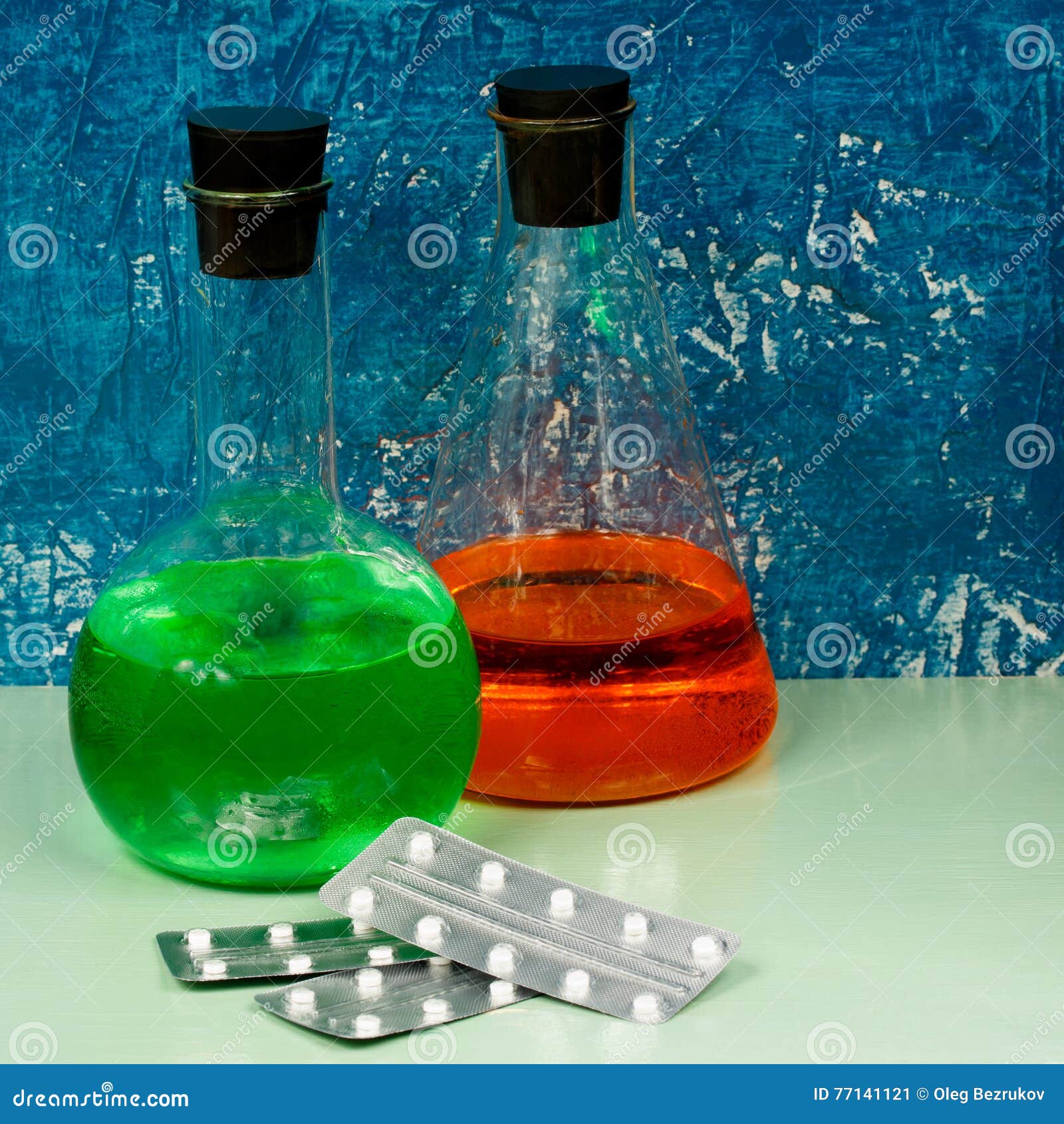 Pharmacology. Flask with Reagents and Tablet. Stock Image - Image of ...