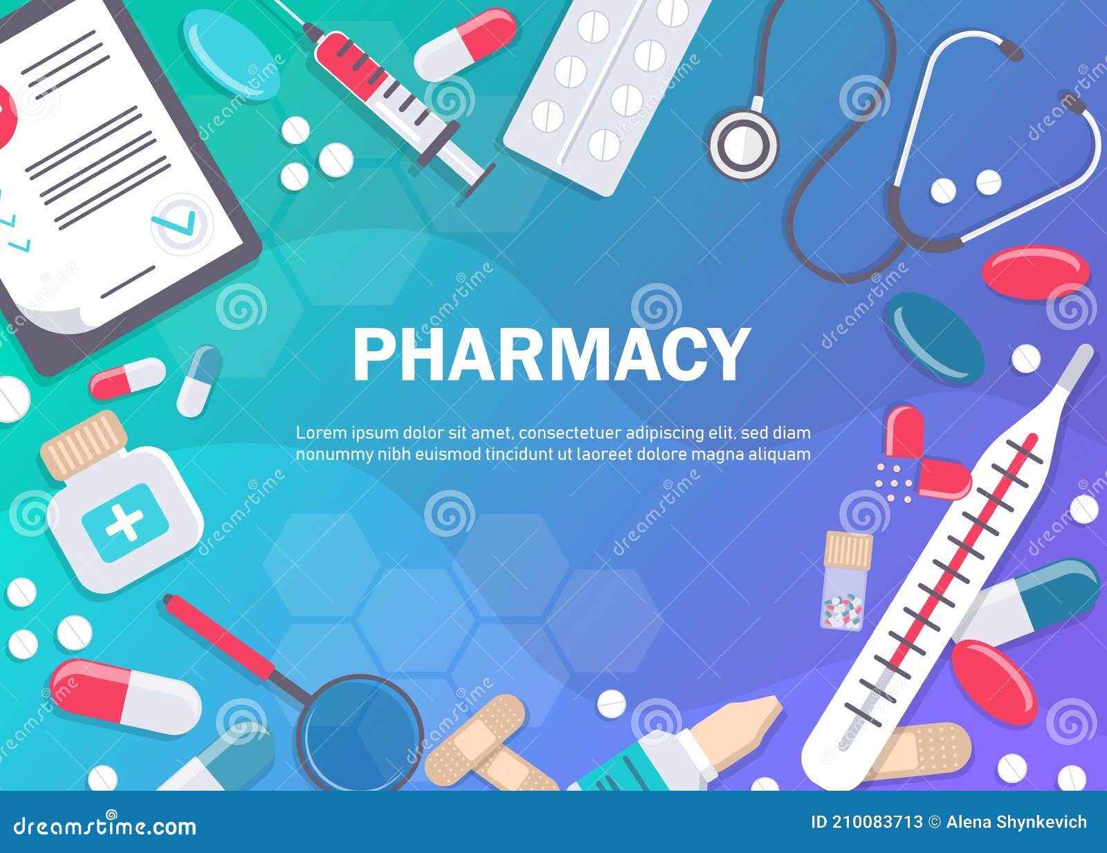 Pharmacy. Background with Medical Devices and Pills Stock Illustration ...