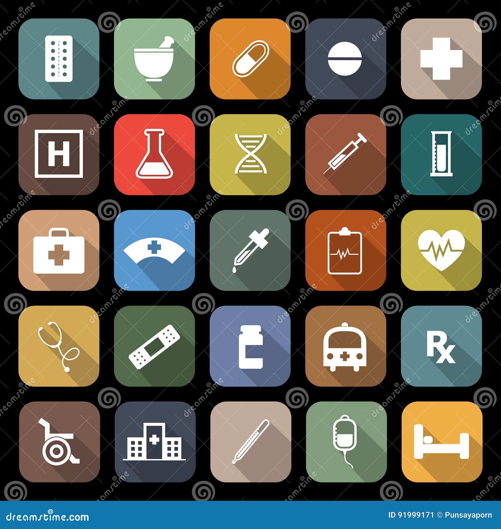 Pharmacy Flat Icons with Long Shadow Stock Vector - Illustration of ...