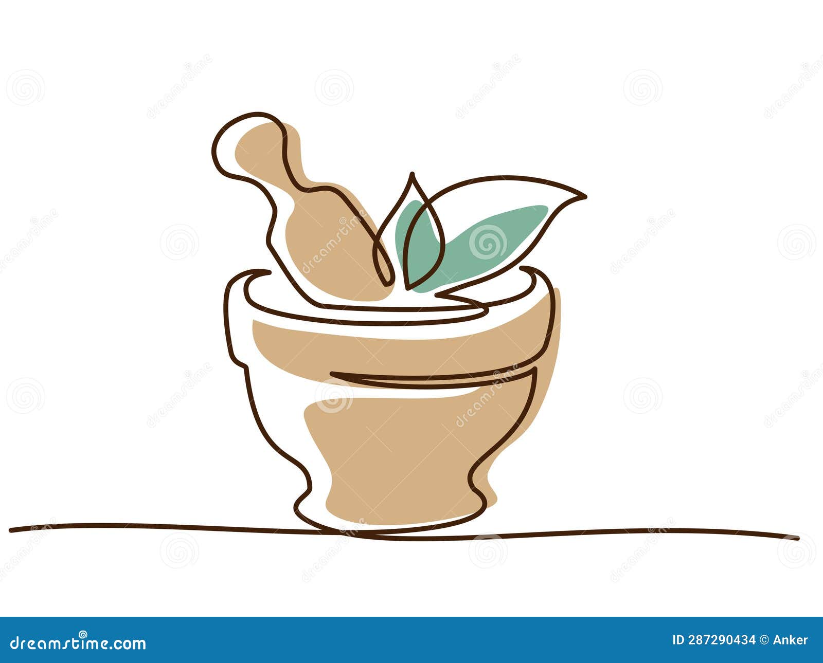 Pharmacy Mortar and Pestle with Herbs. Continuous One Line Drawing ...