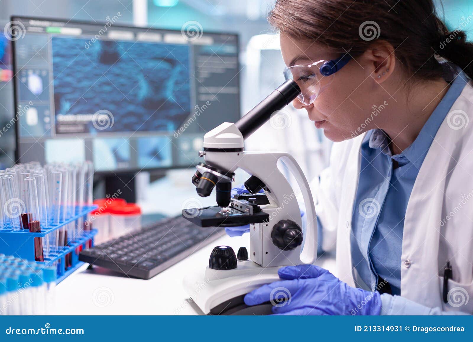 Pharmacy Scientist Working with Professional Microscope Stock Image ...