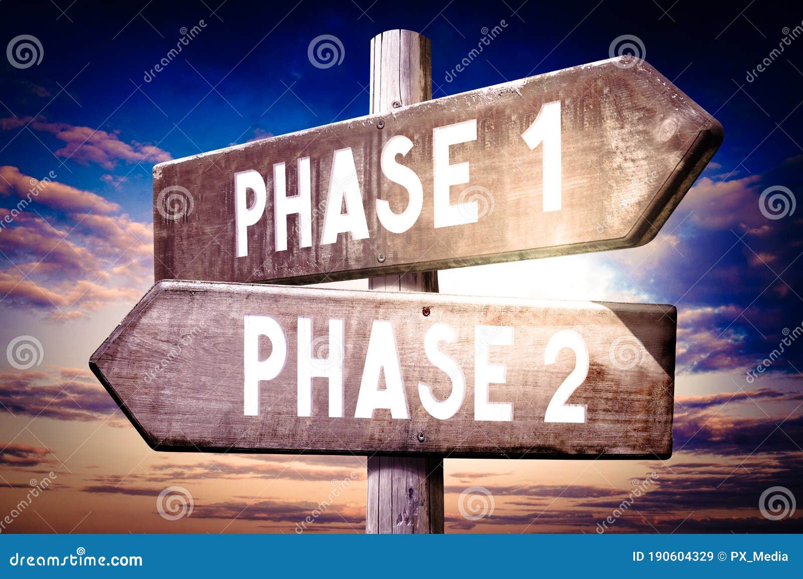 Phase 1, Phase 2 - Wooden Signpost, Roadsign with Two Arrows Stock ...