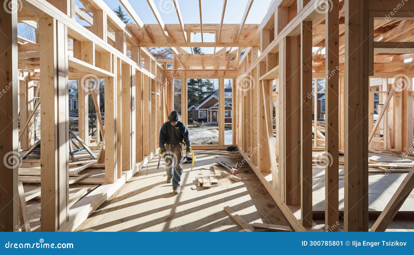 Phased Installation Of Wooden Private House Frame With Workers And ...