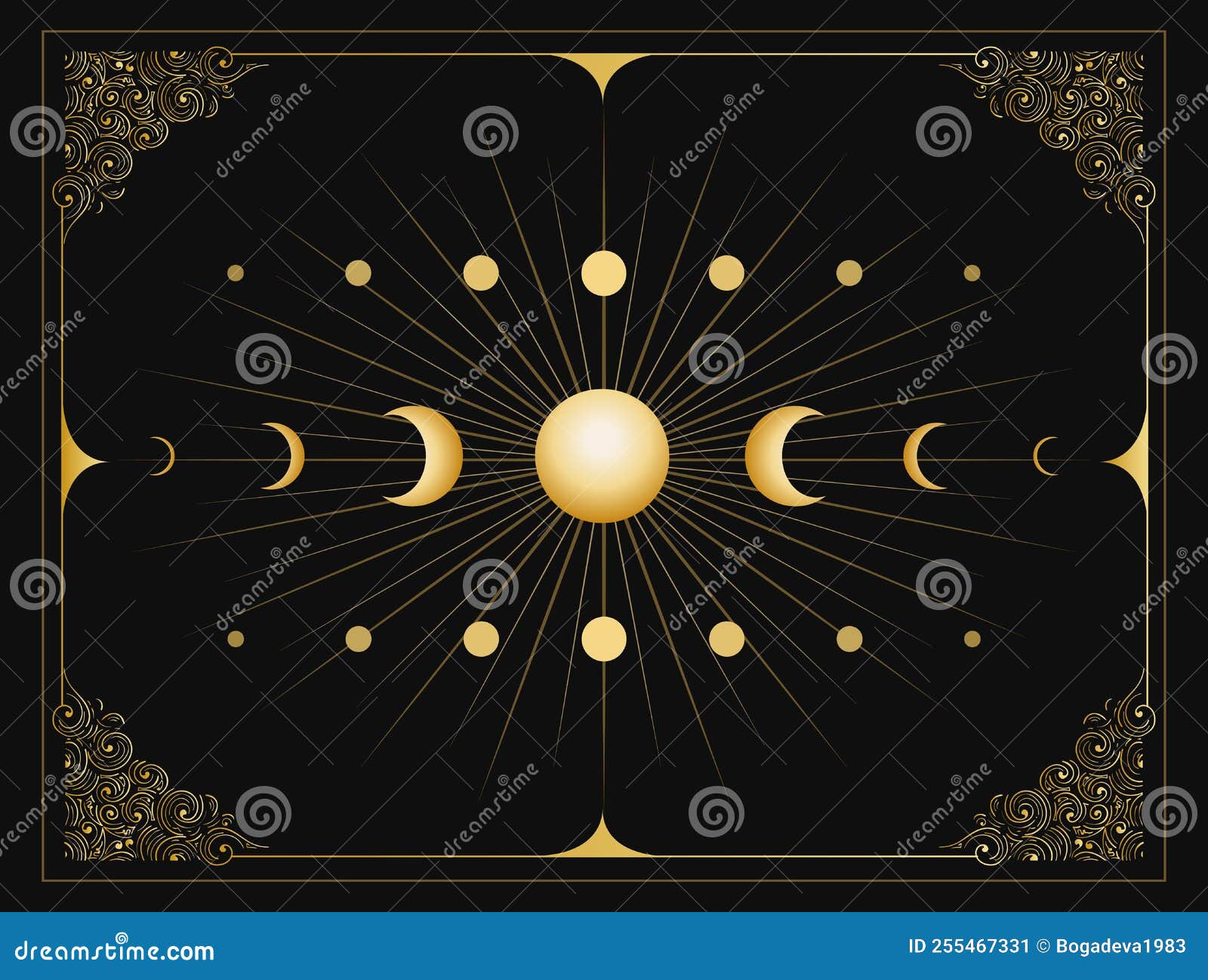 Phases of Moon Medieval Esoteric Emblem on Black Background Stock ...