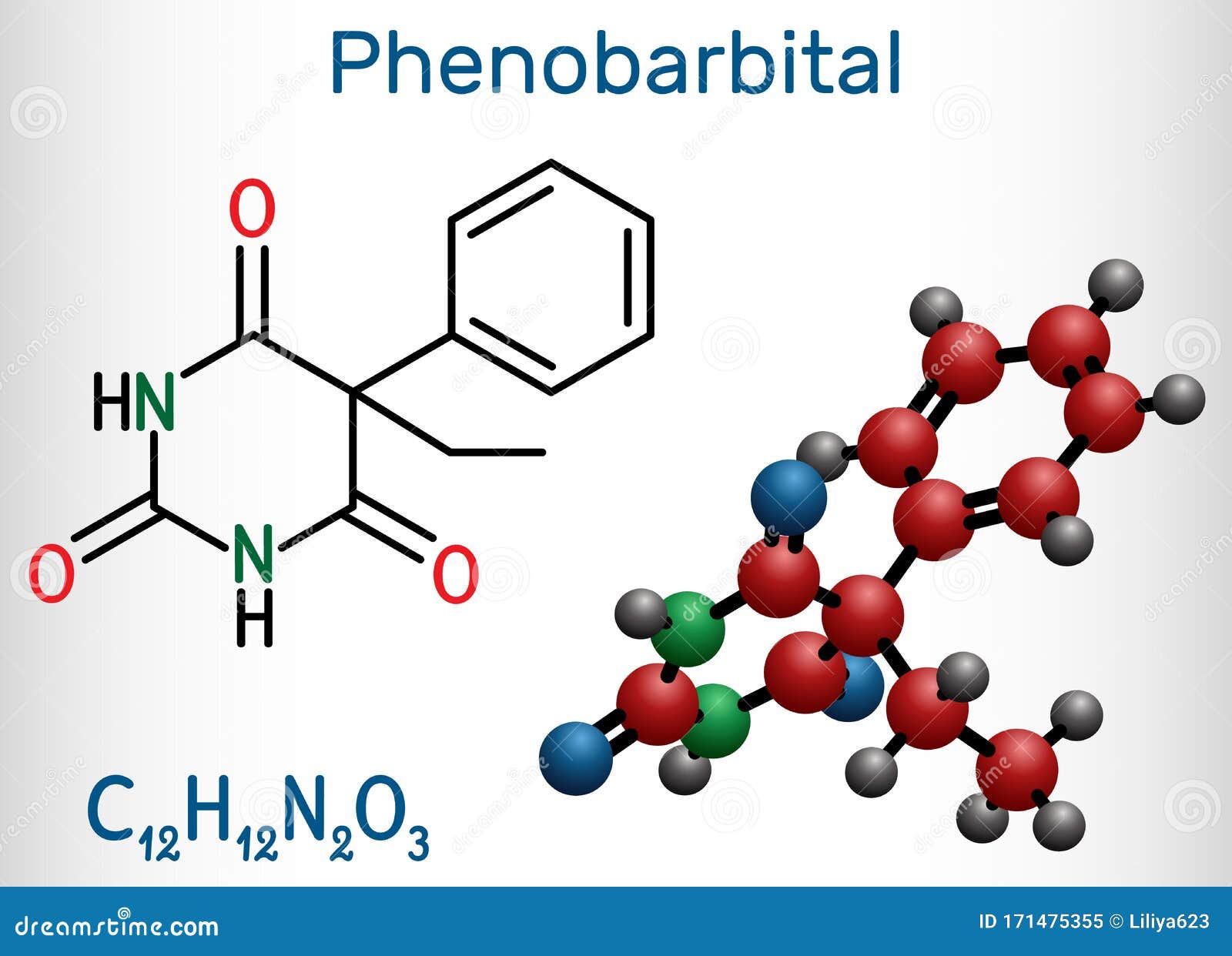 Phenobarbital, Phenobarbitone or Phenobarb, C12H12N2O3 Molecule. it is ...