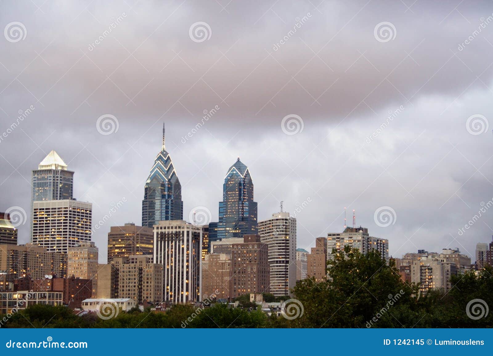 Philadelphia Skyline with Cloudy Sky at Dusk Stock Image - Image of ...