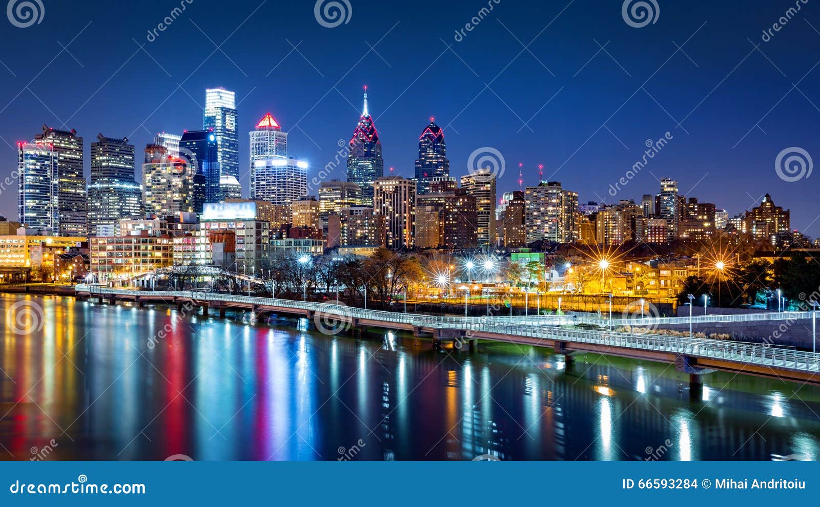 Philadelphia Skyline by Night Stock Photo - Image of center, reflected ...