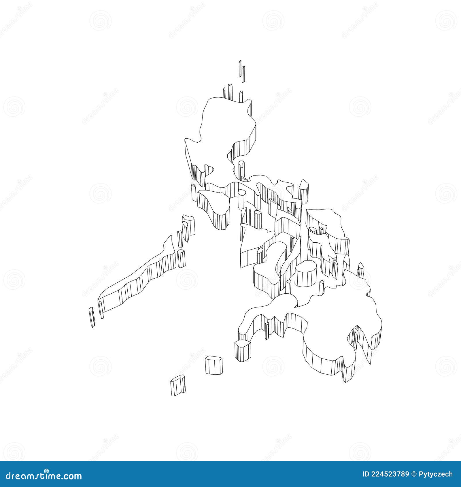 Philippines - 3D Black Thin Outline Silhouette Map of Country Area ...