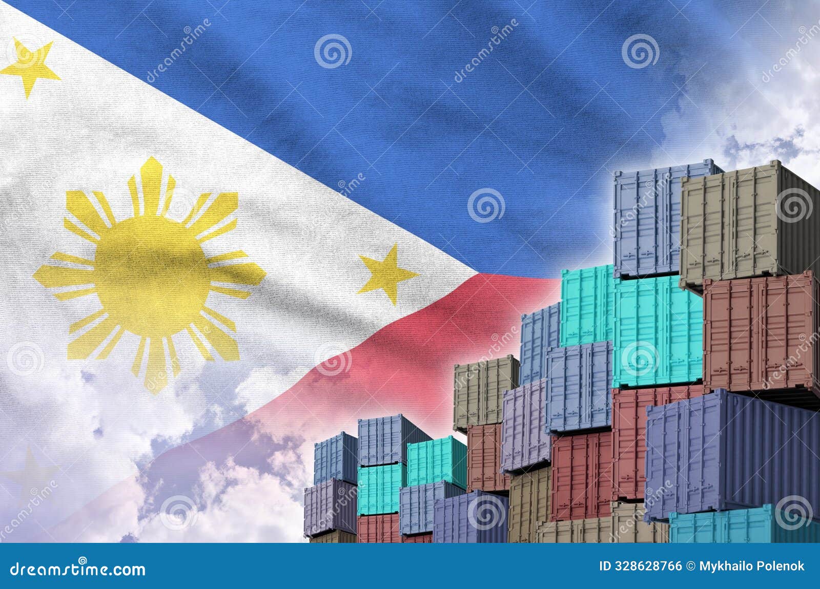 Philippines Flag and Big Stack of Shipping Cargo Containers in Docks ...