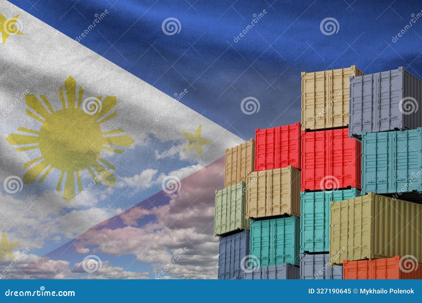 Philippines Flag and Big Stack of Shipping Cargo Containers in Docks ...