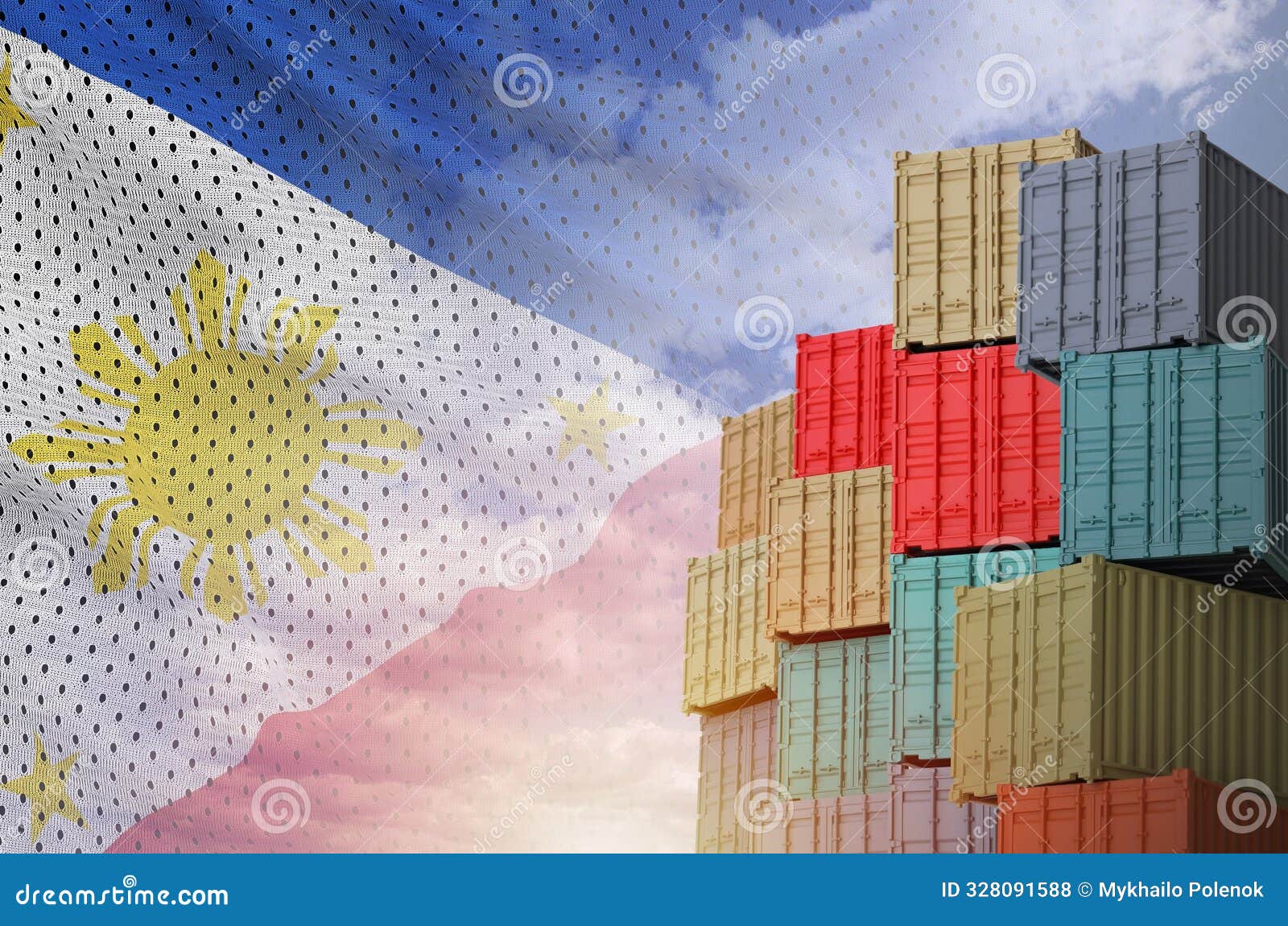 Philippines Flag and Big Stack of Shipping Cargo Containers in Docks ...
