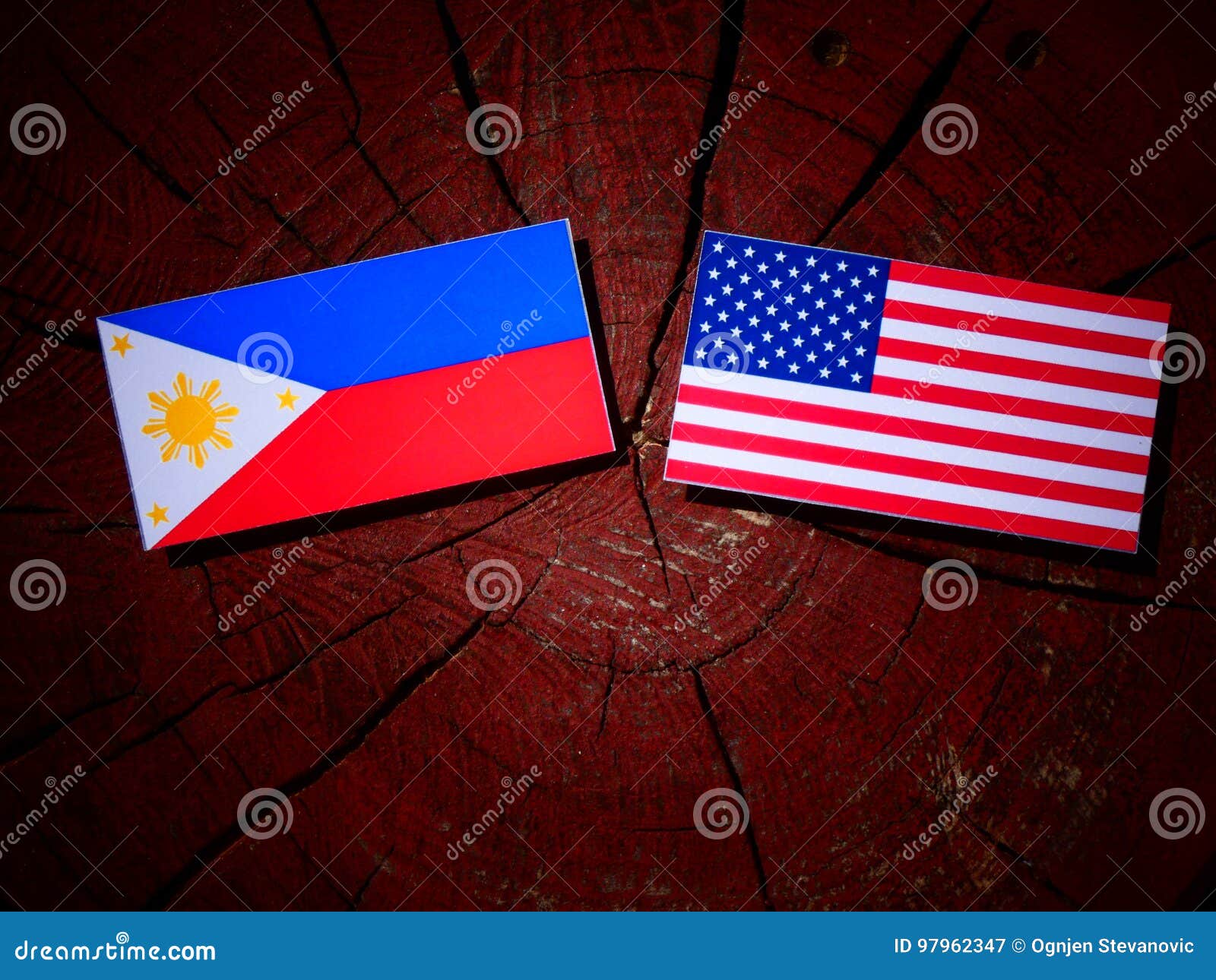 Philippines Flag with USA Flag on a Tree Stump Stock Image - Image of ...