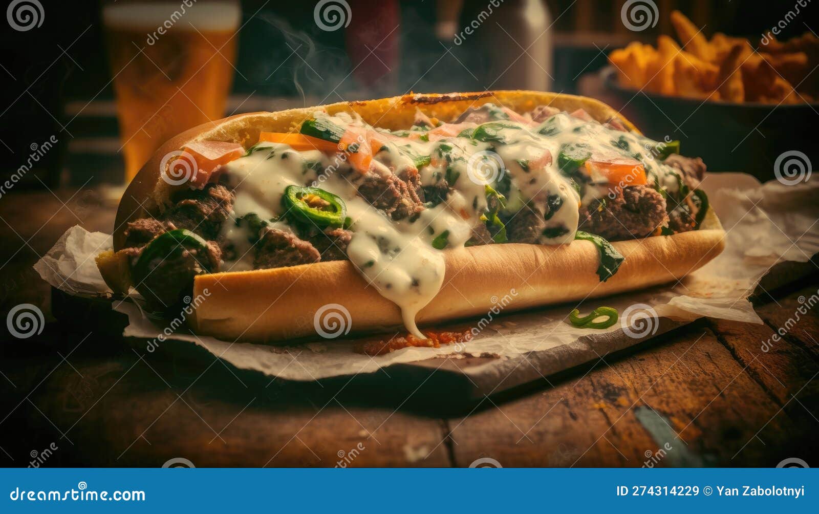 Philly Cheesesteak on Stone, Blurred Background, Rustic Pub. Generative ...