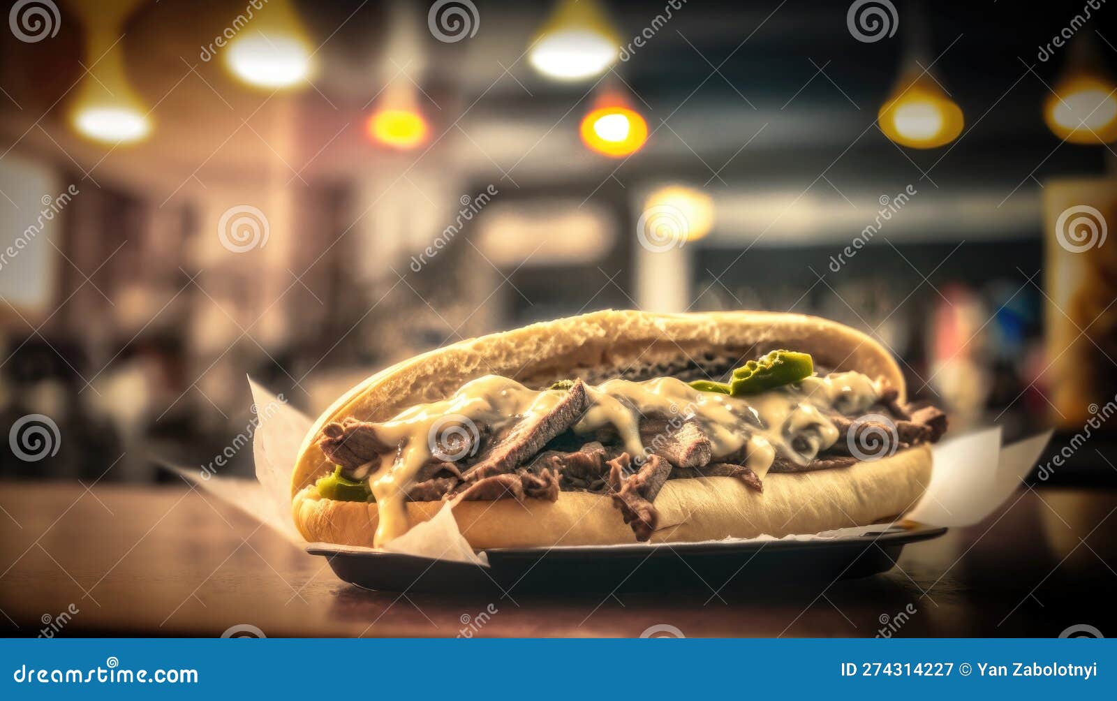 Philly Cheesesteak on Stone, Blurred Background, Rustic Pub. Generative ...