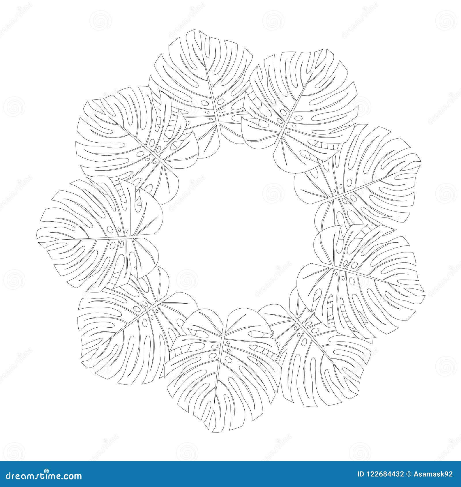 Philodendron Monstera Leaf Wreath Outline Isolated on White Background ...