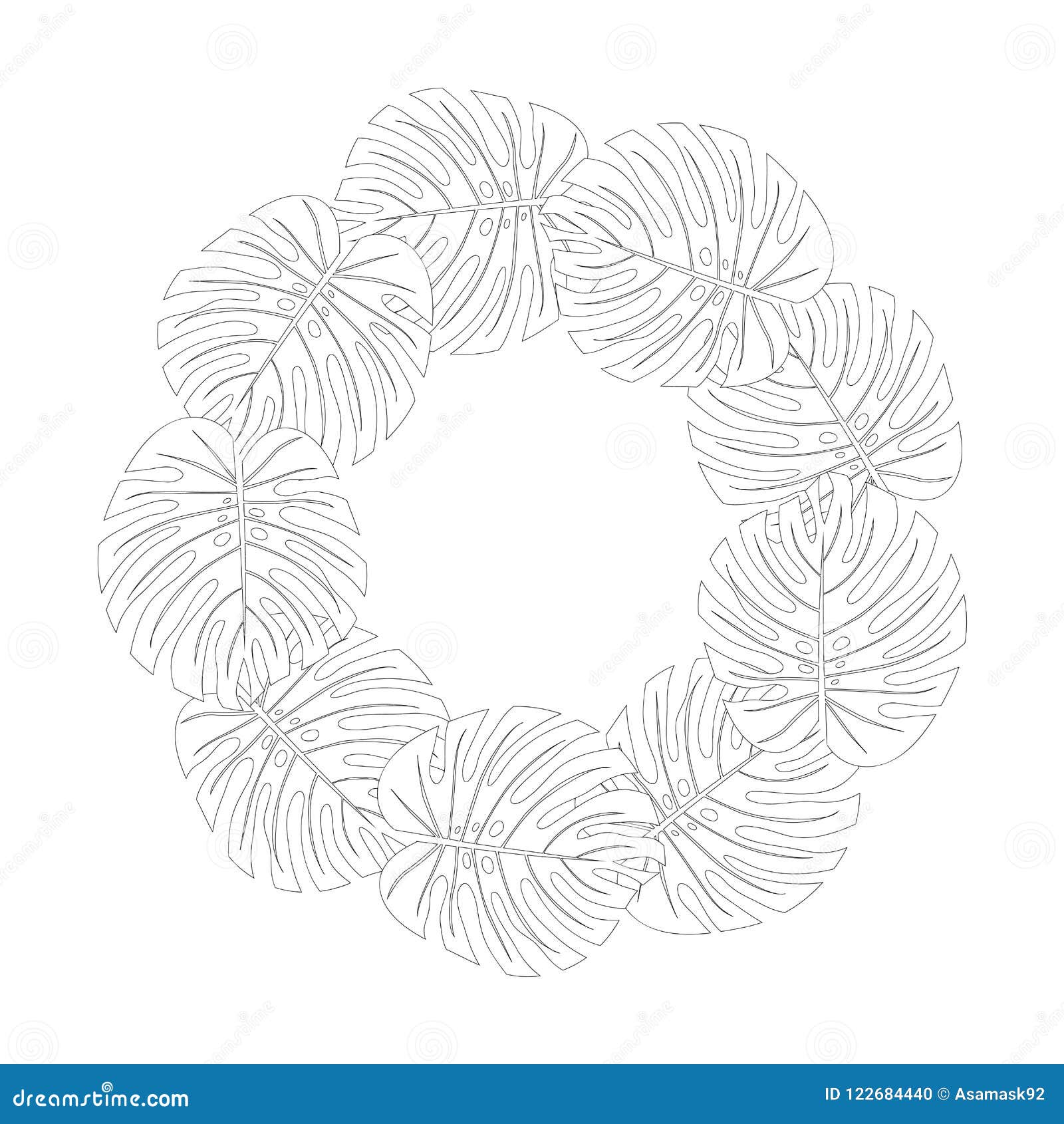 Philodendron Monstera Leaf Wreath Outline Isolated on White Background ...