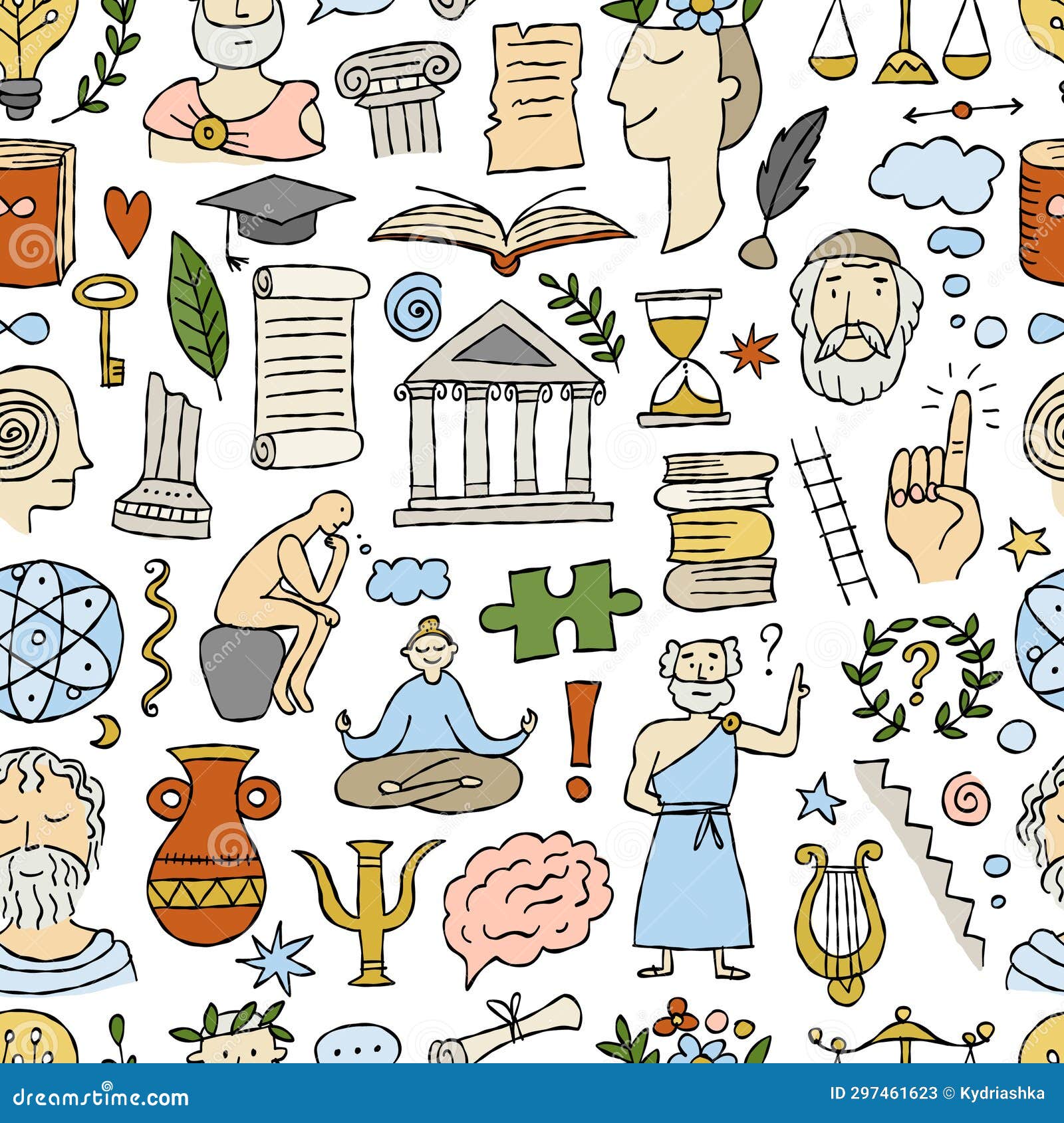 Philosophy Concept Art, Hand-drawn Philosophers and Elements. Seamless ...