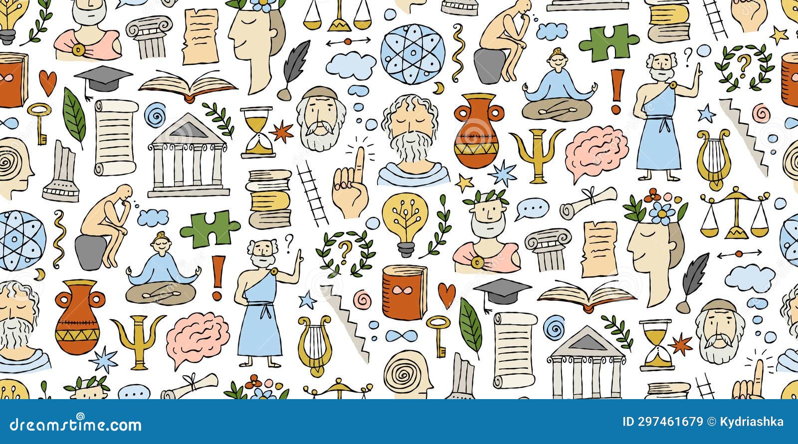 Philosophy Concept Art, Hand-drawn Philosophers and Elements. Seamless ...
