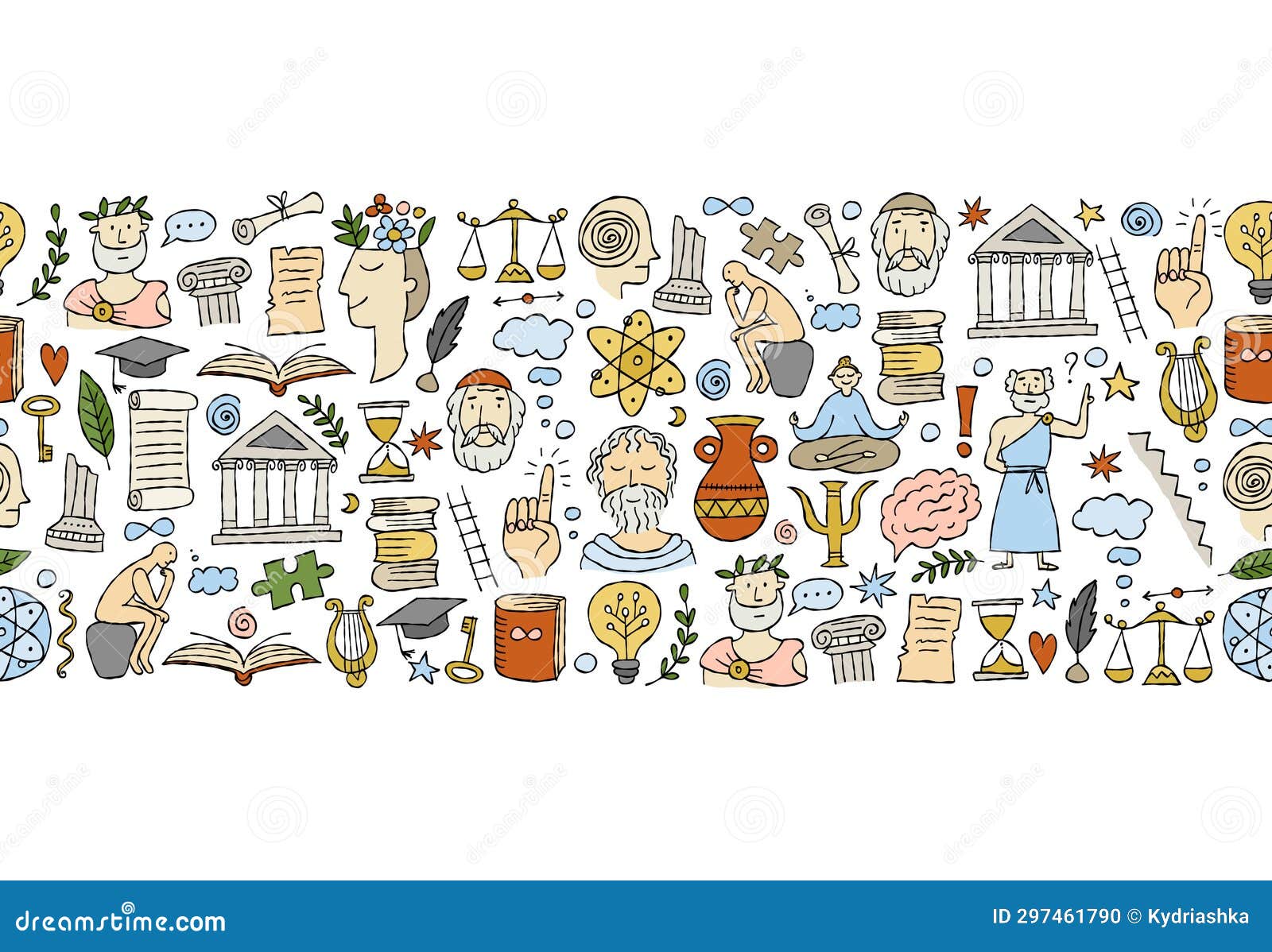 Philosophy Concept Art, Hand-drawn Philosophers and Elements. Seamless ...