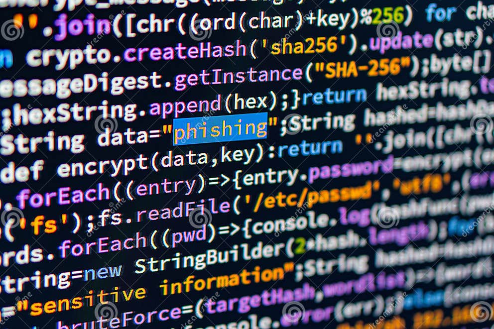 Phishing. Code on a Computer Screen, Emphasizing Complexity and Detail Key Words Include ...