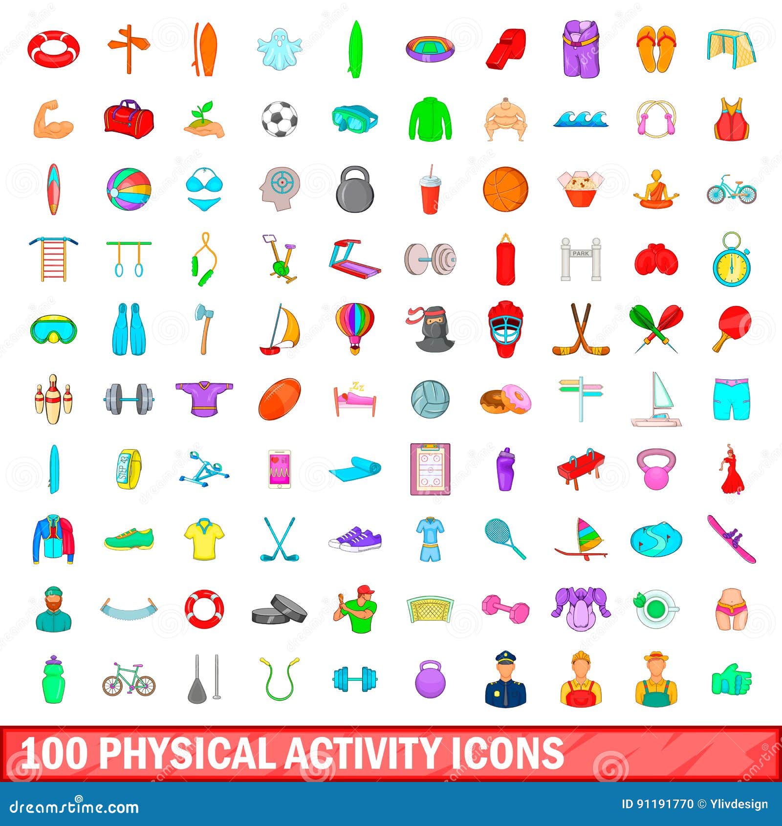 100 Phisical Activity Icons Set, Cartoon Style Stock Vector ...