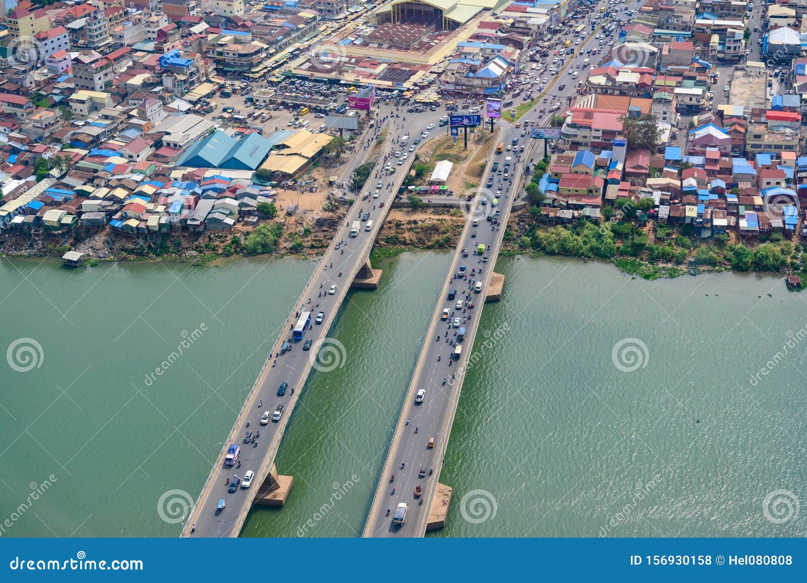 Cambodia, Phnom Penh - Bridges Over Tonle Bassac River To Slums and ...