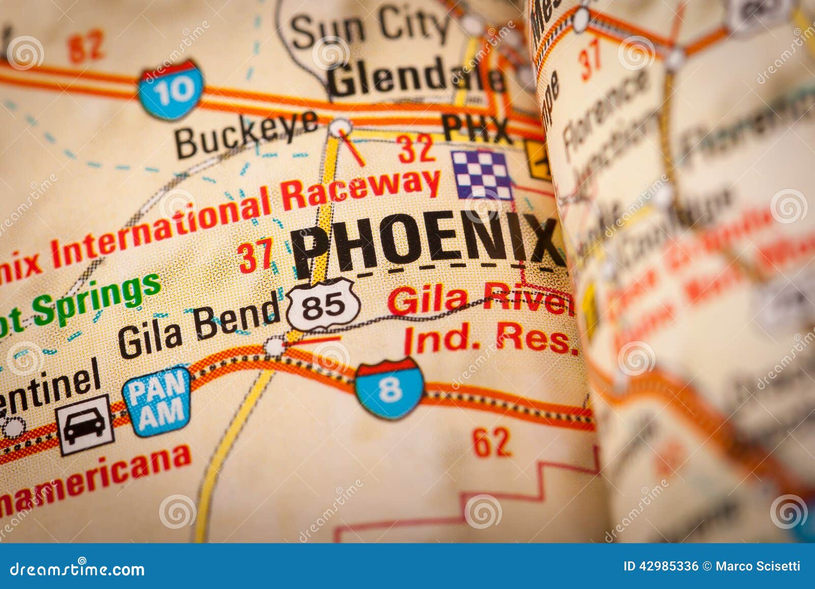 Phoenix City on a Road Map stock photo. Image of textured - 42985336