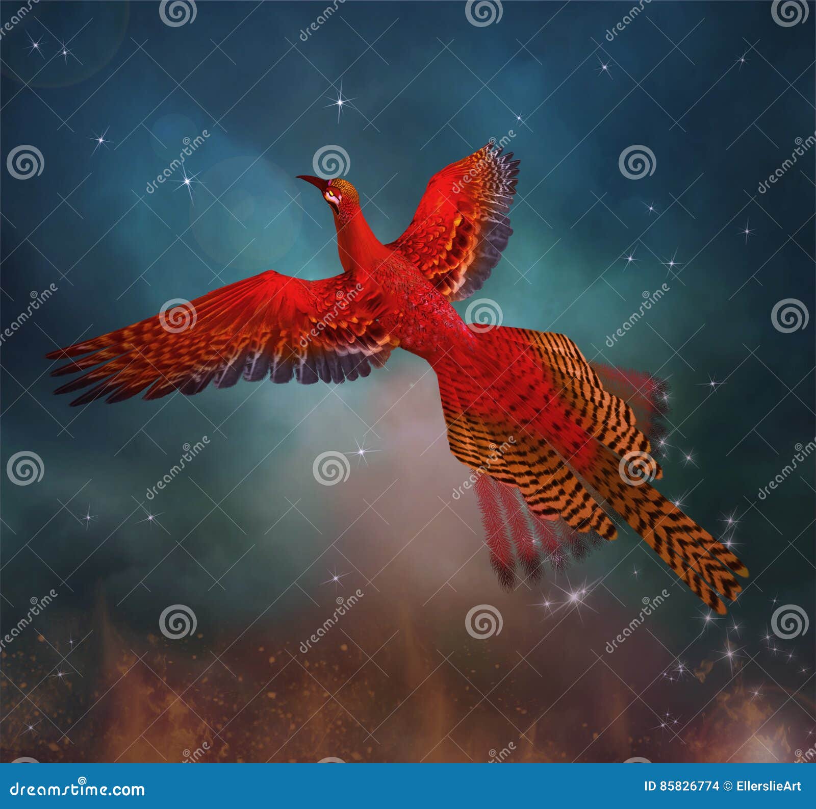 Phoenix in a fantasy sky stock illustration. Illustration of stars ...
