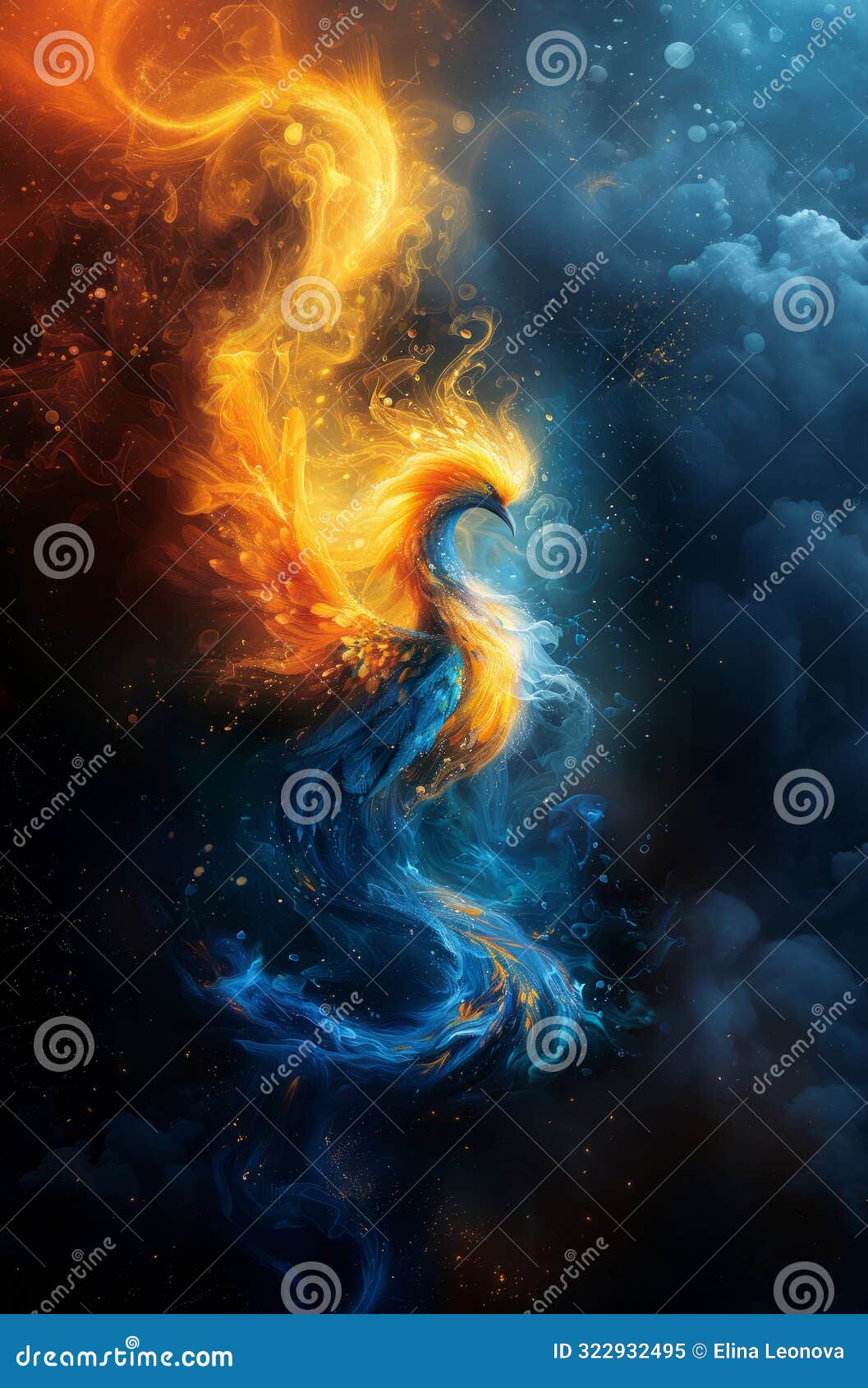 Phoenix on Fire in Blue and Yellow Colors Symbol of Rebirth and Strong ...