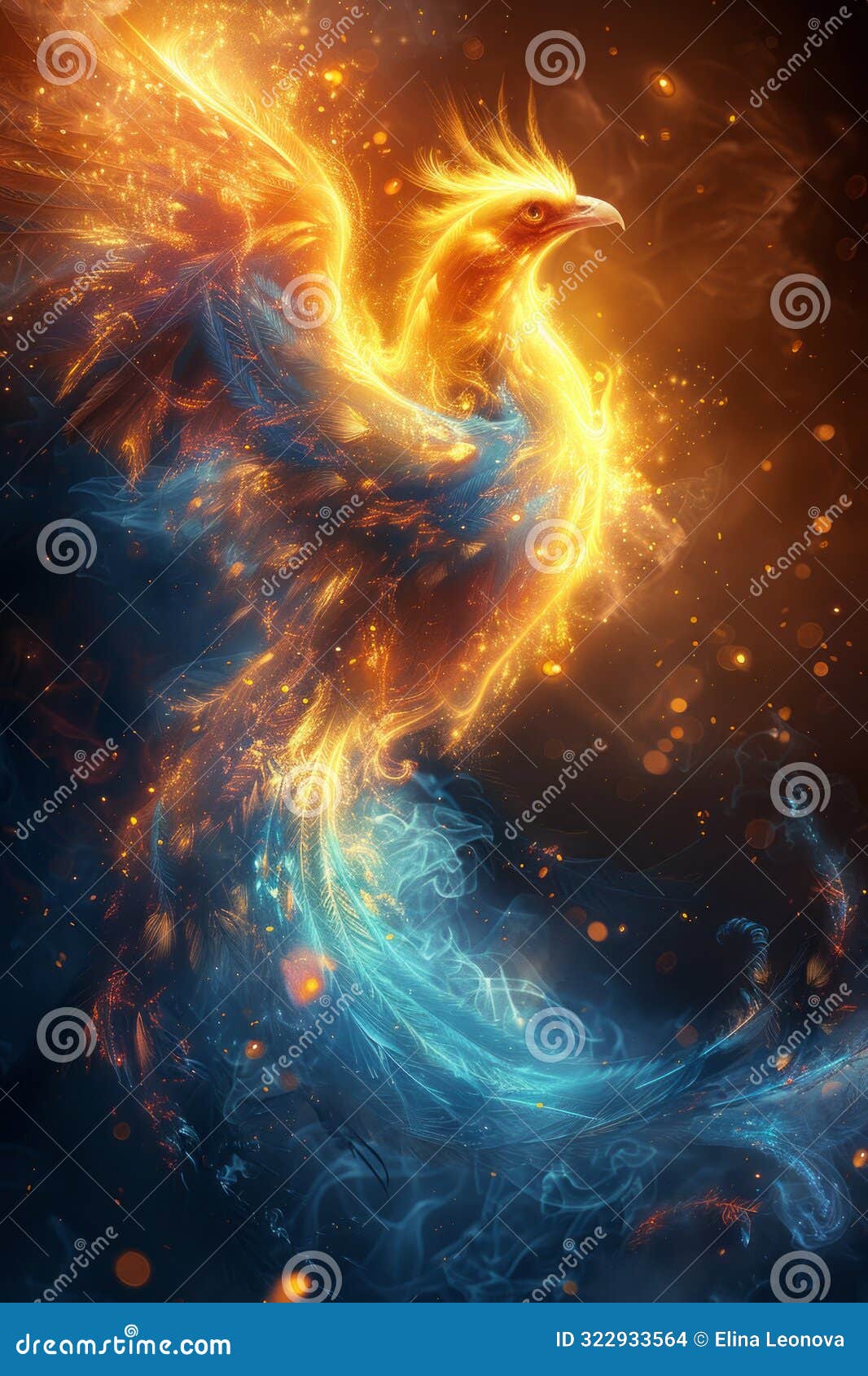 Phoenix on Fire in Blue and Yellow Colors Symbol of Rebirth and Strong ...