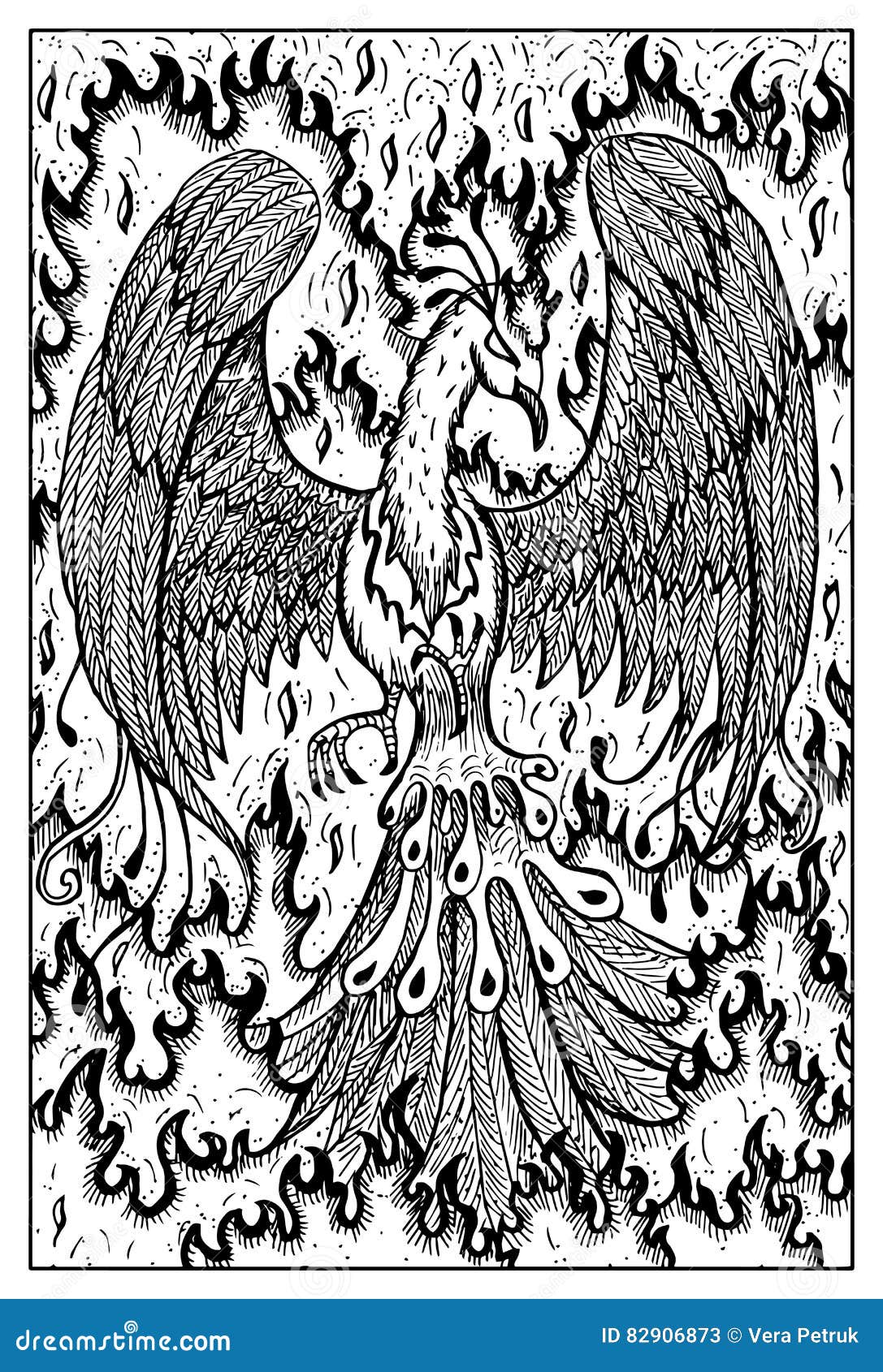 Phoenix in Fire. Engraved Fantasy Illustration Stock Vector ...