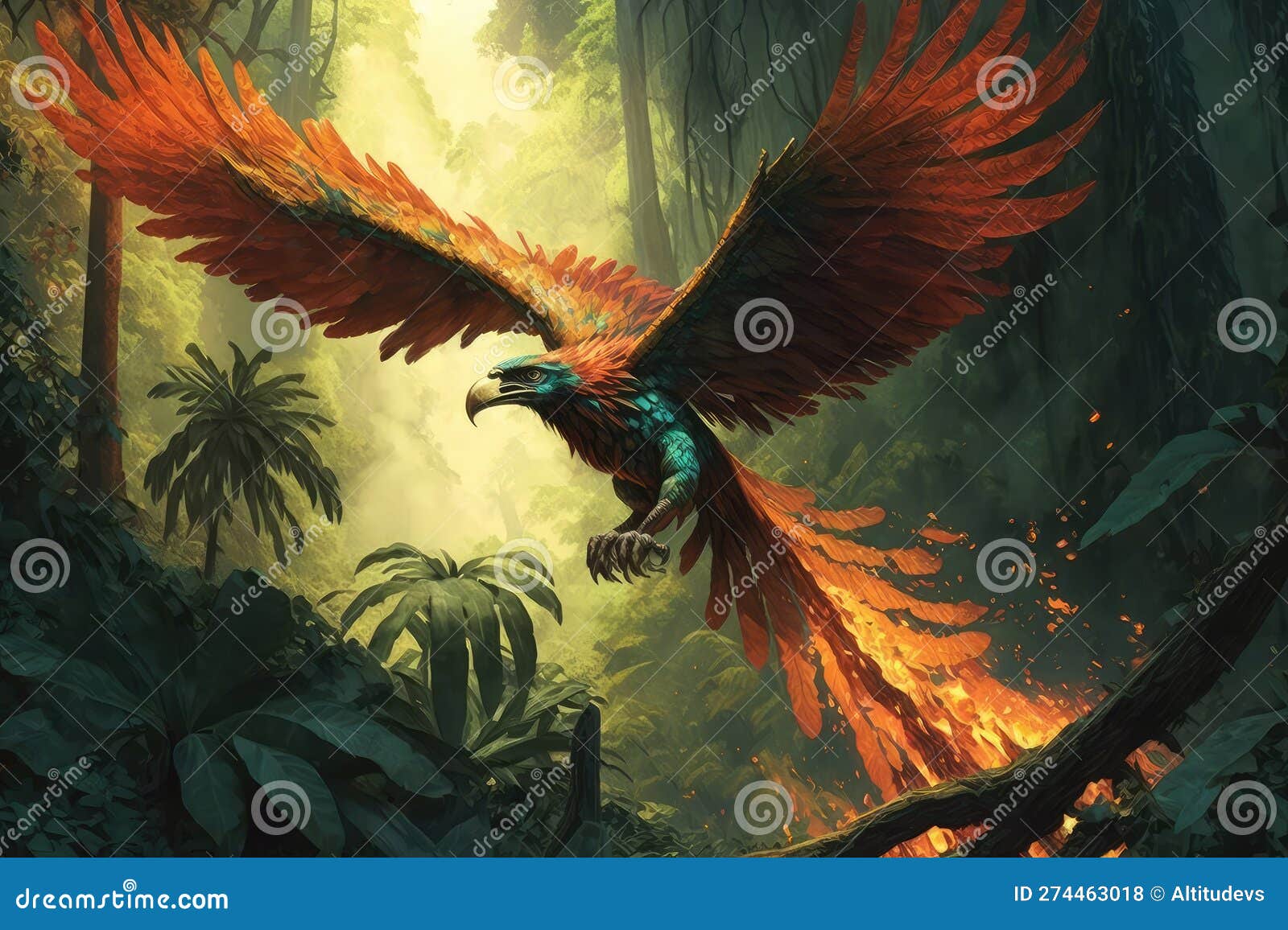 Phoenix Firebird Flying Over Lush Jungle, Setting the Trees on Fire ...