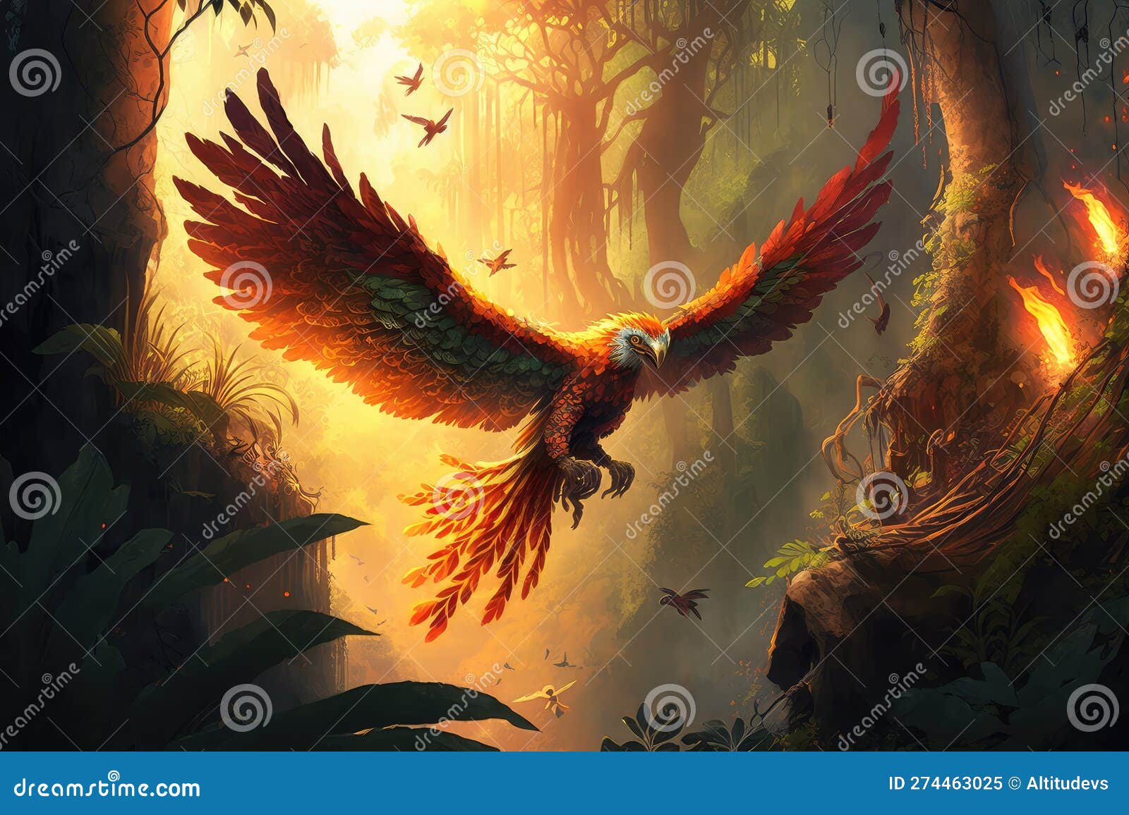 Phoenix Firebird Flying Over Lush Jungle, Setting the Trees on Fire ...