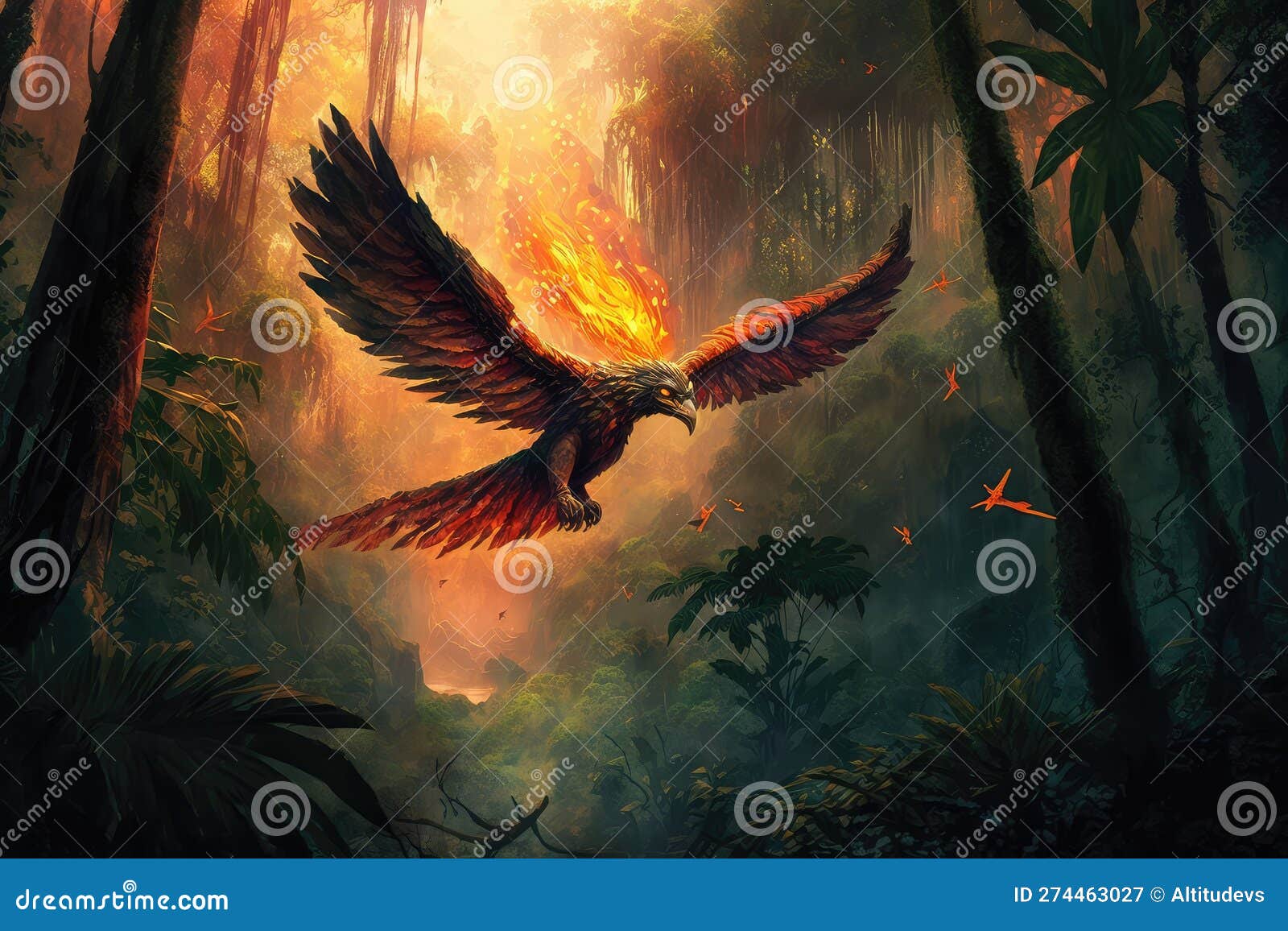 Phoenix Firebird Flying Over Lush Jungle, Setting the Trees on Fire ...