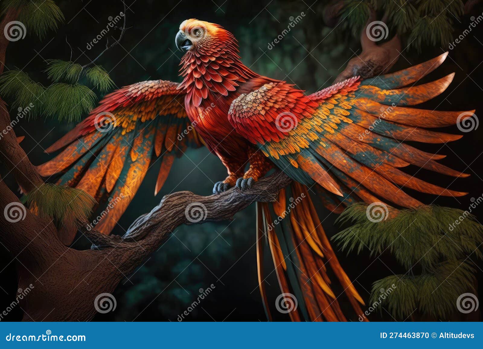 Phoenix Firebird Sitting on Tree Branch, with Its Tail Feathers Spread ...