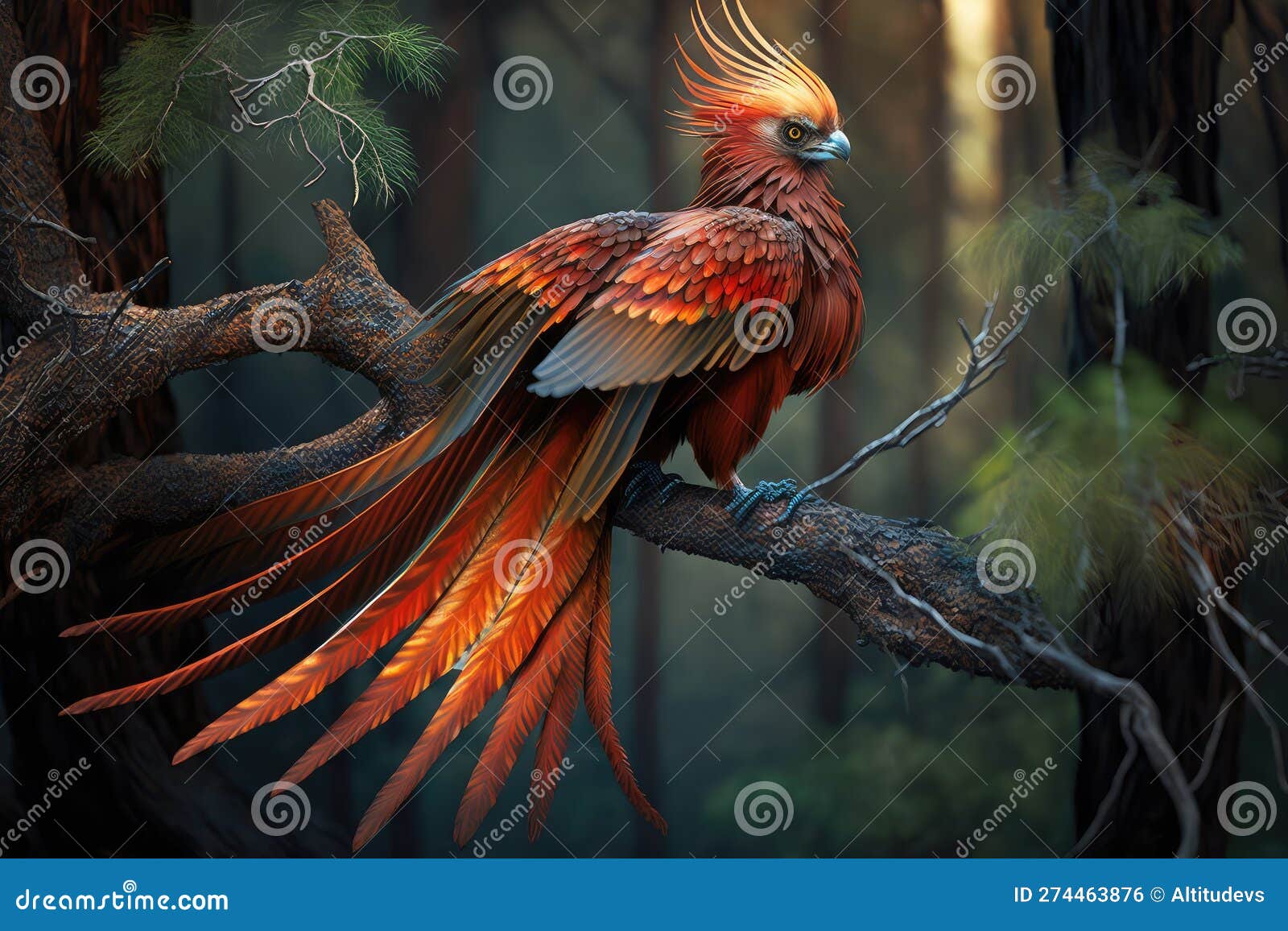 Phoenix Firebird Sitting on Tree Branch, with Its Tail Feathers Spread ...