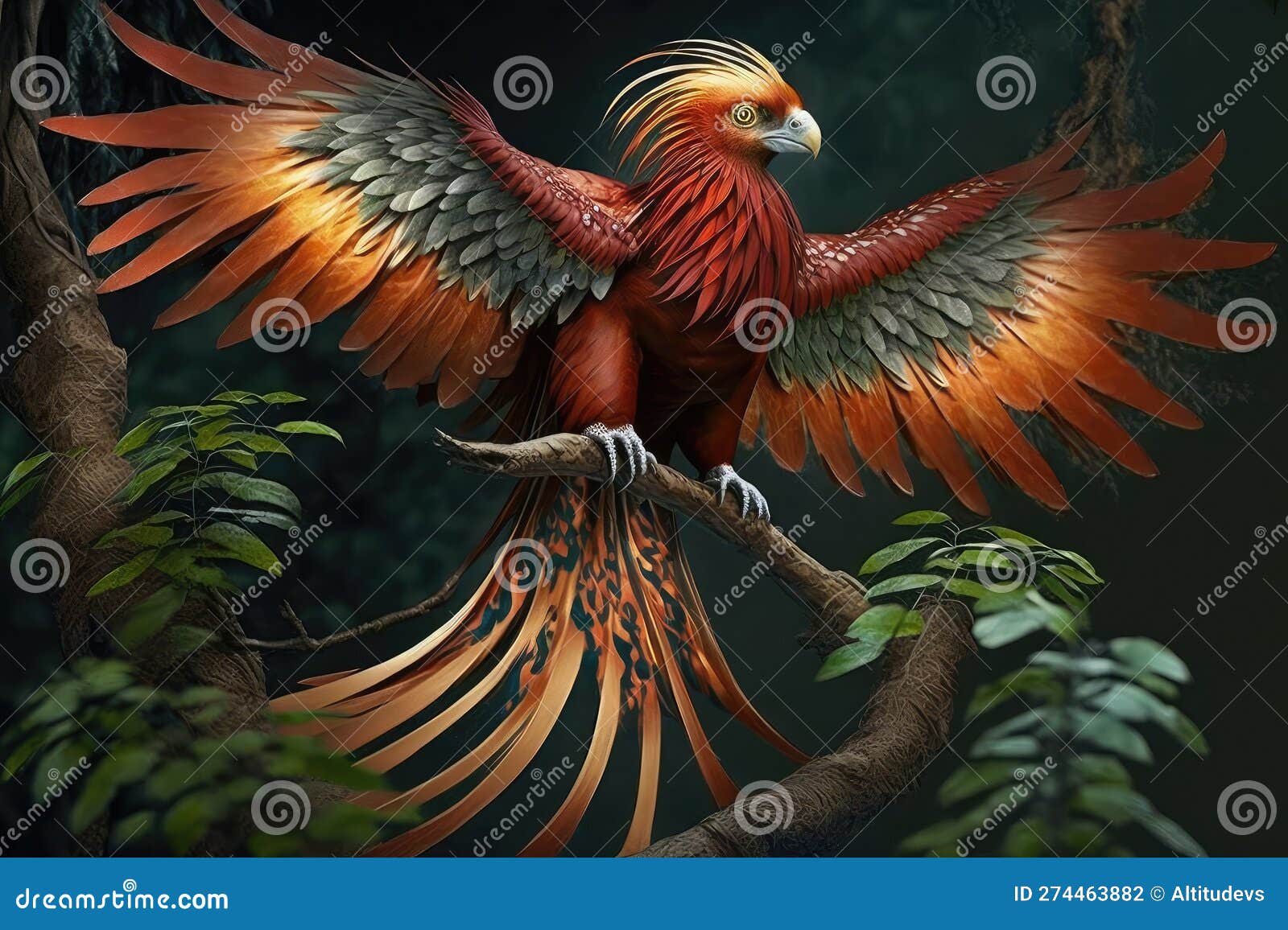 Phoenix Firebird Sitting on Tree Branch, with Its Tail Feathers Spread ...