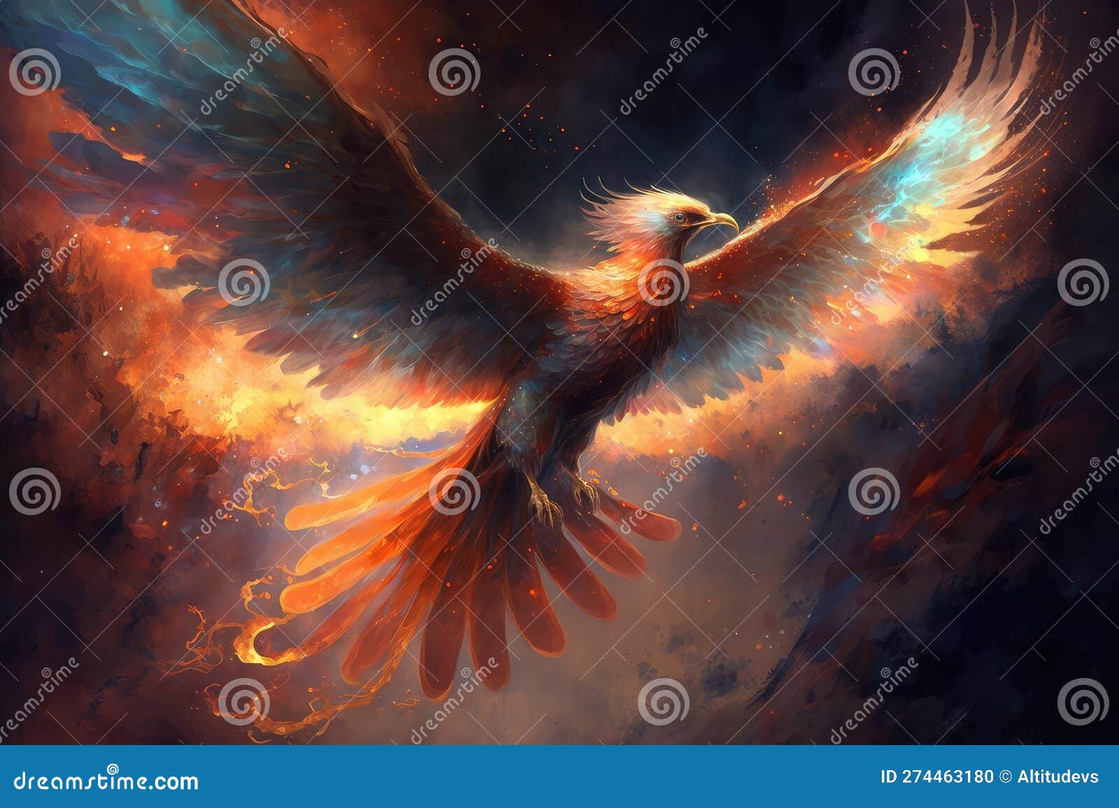 Phoenix Firebird Spreading Its Wings, Soaring through the Sky Stock ...