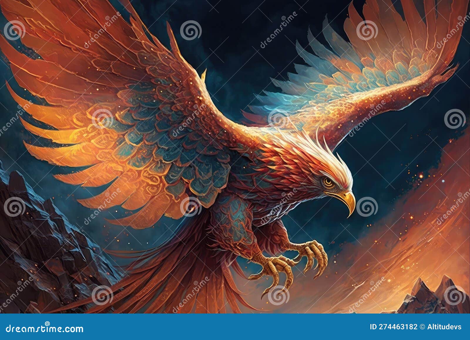 Phoenix Firebird Spreading Its Wings, Soaring through the Sky Stock ...