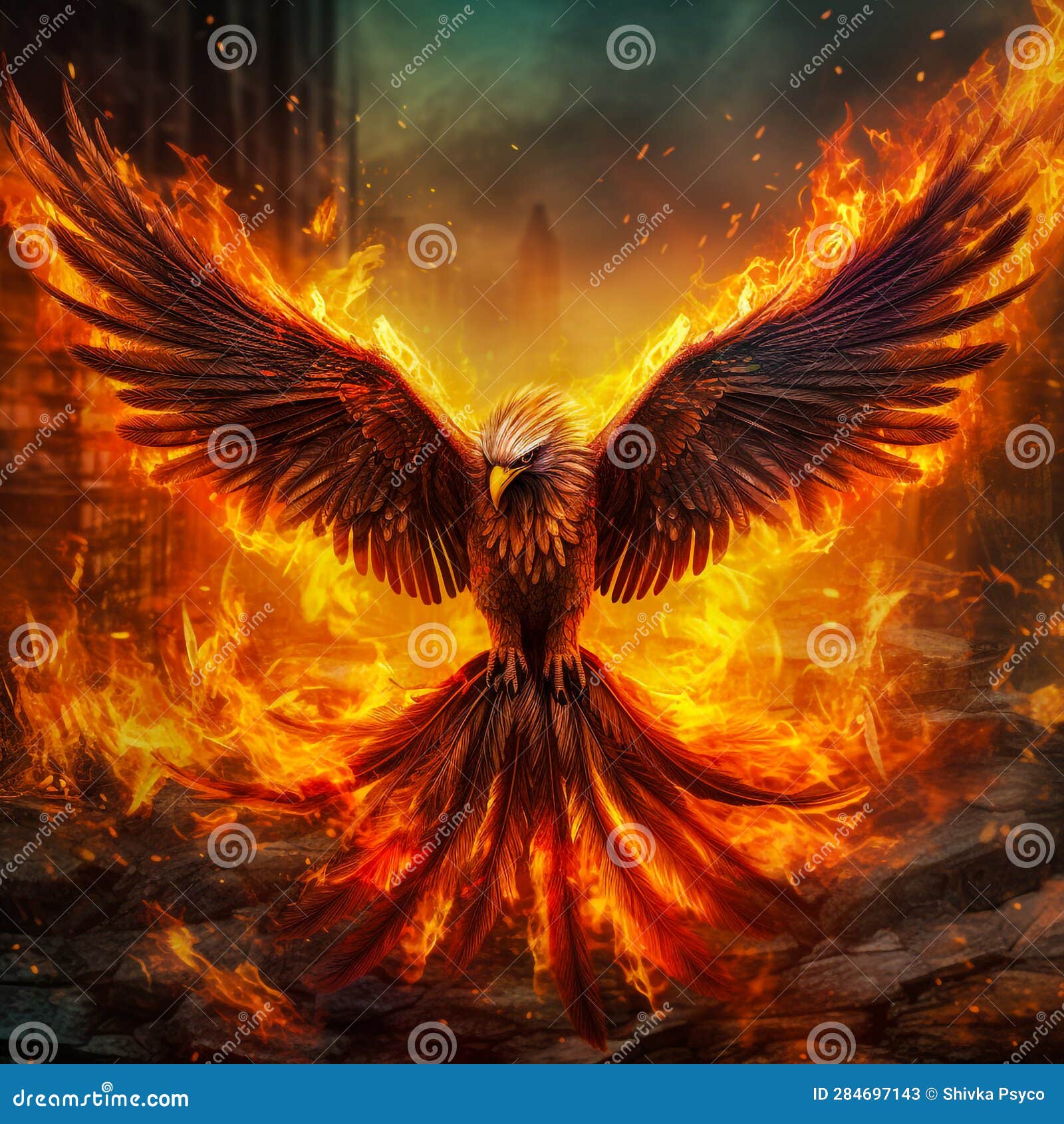 Phoenix with Large Wings with Fire. Generative AI Stock Illustration ...